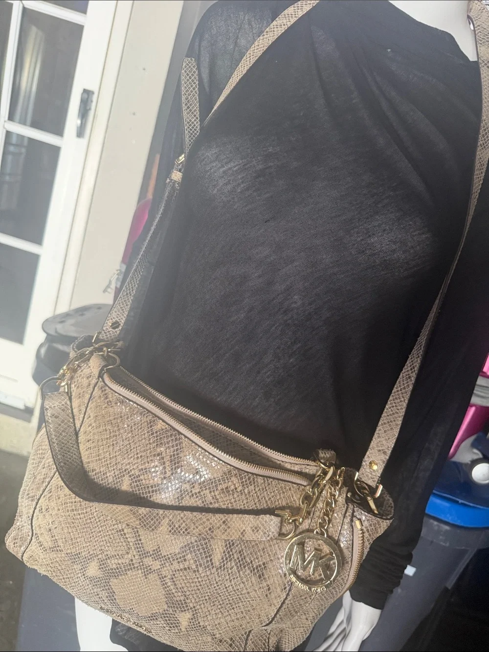 Michael Kors | Bags | Michael Kors Beige Snakeprint Shoulder Bag With ...